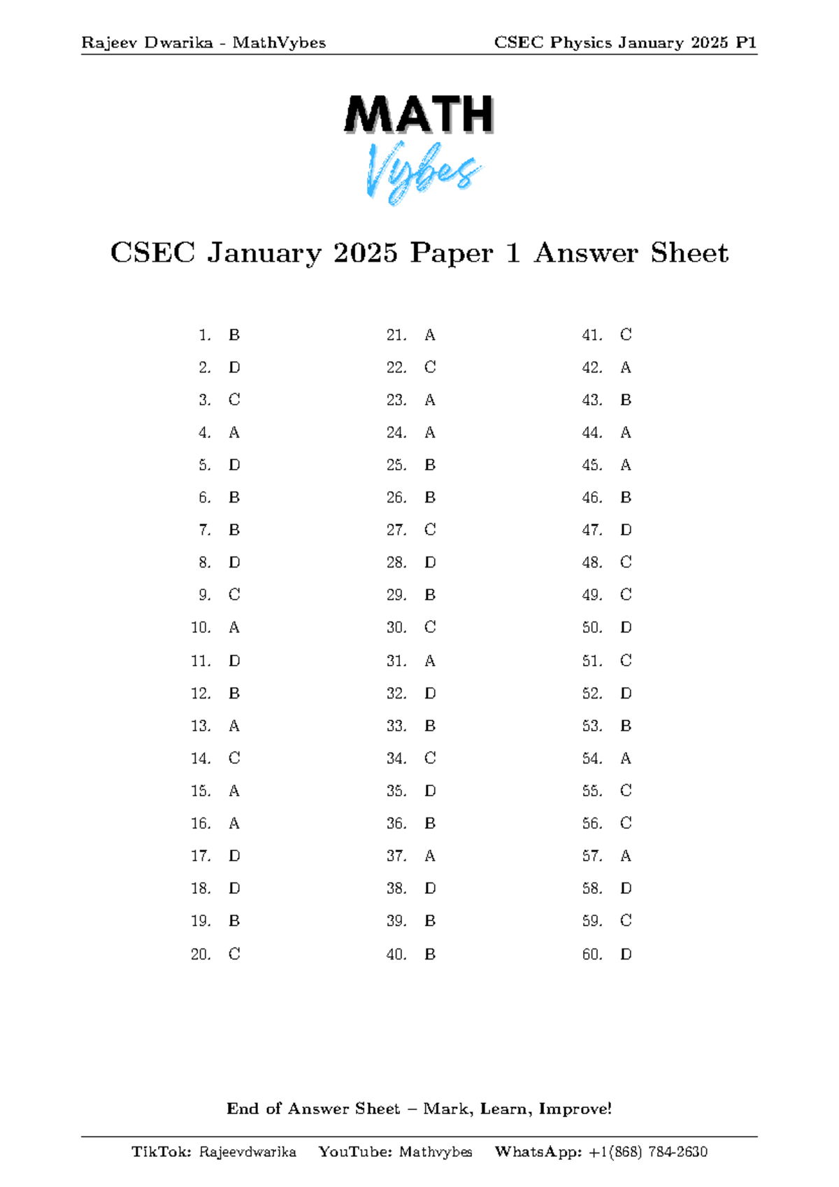 CSEC Physics January 2025 P1 Solutions - Rajeev Dwarika MathVybes - Studocu