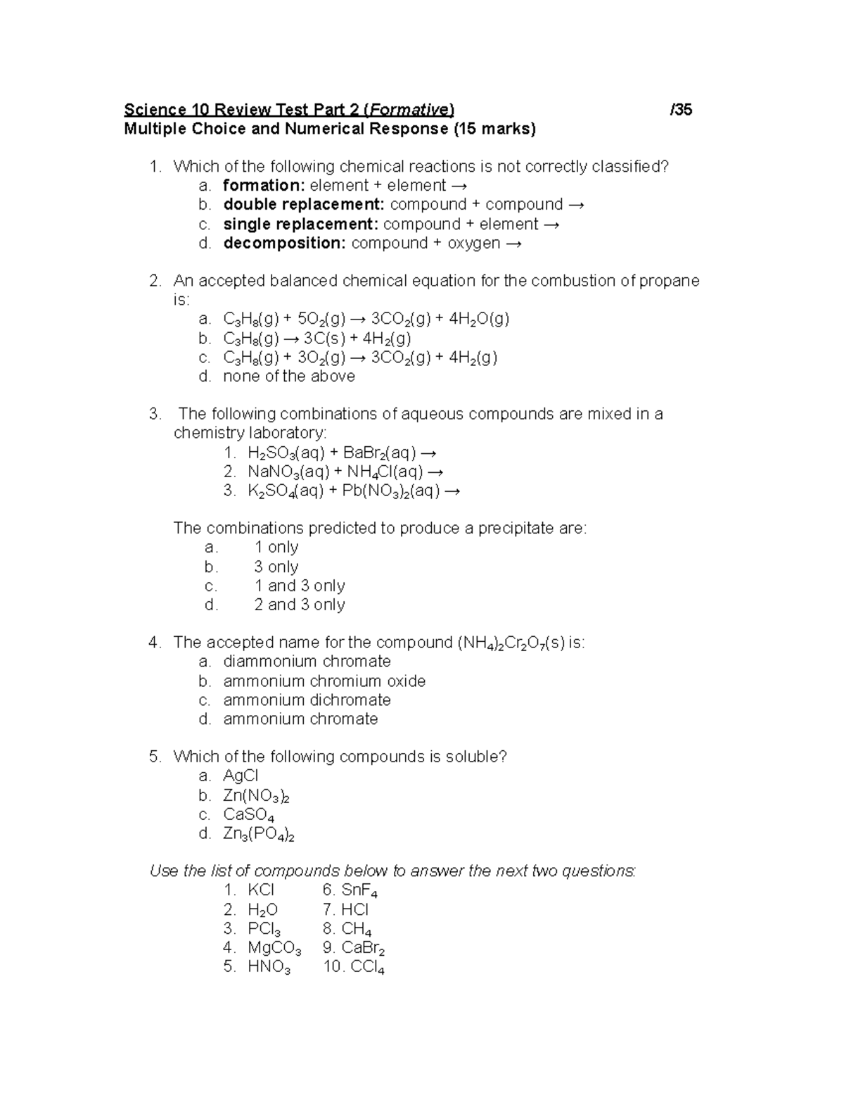 Science 10 Review Test Part 2 - Science 10 Review Test Part 2 ...