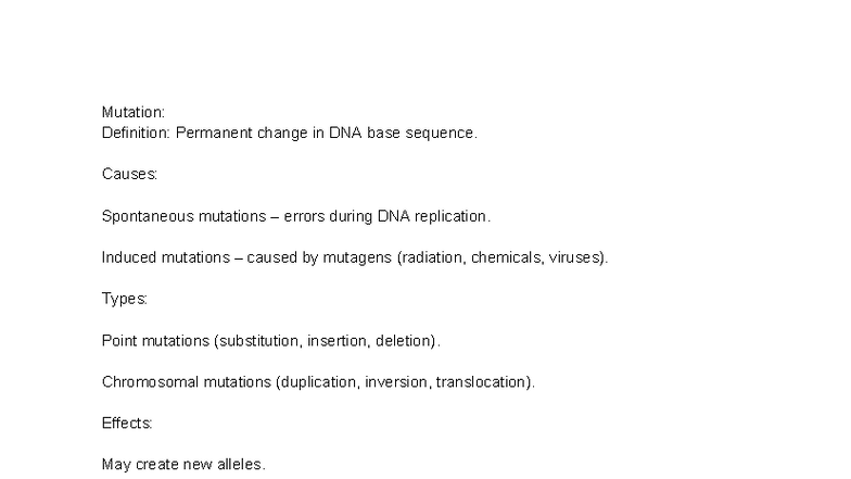 Mutations: Definition, Causes, Types, and Impact on Genetics - Studocu