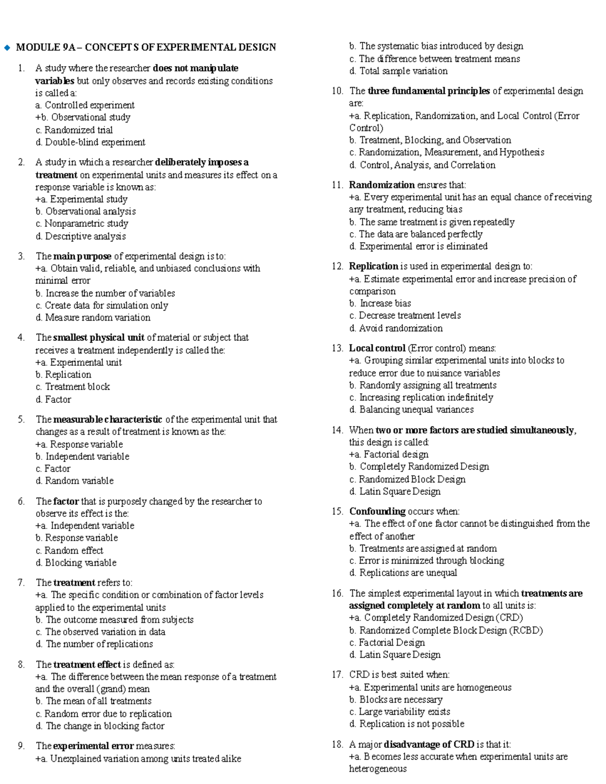 MODULE 9A & 9B: Experimental Design & ANOVA Practice Questions - Studocu
