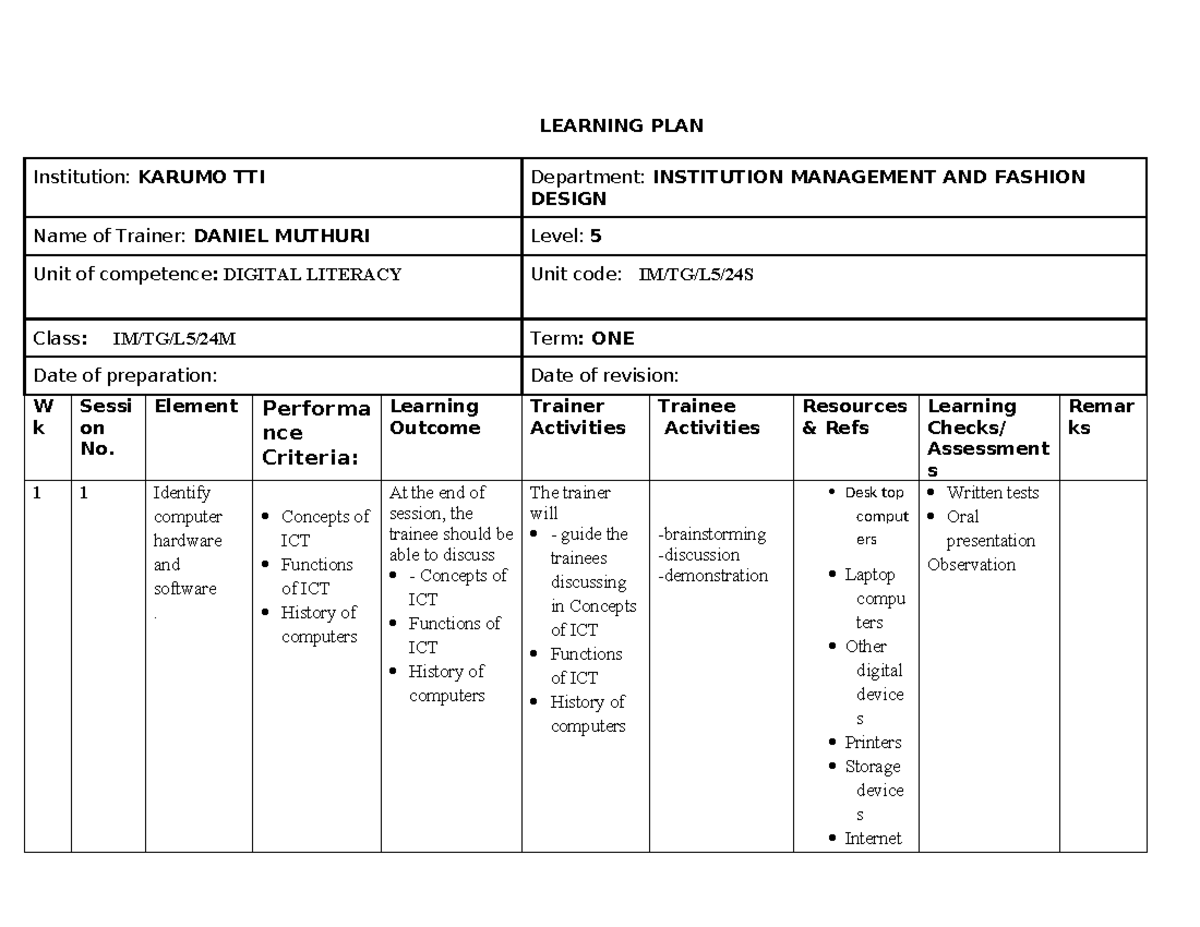 Digital Literacy Learning Plan - Level 5 (Unit Code: DL101) - Studocu