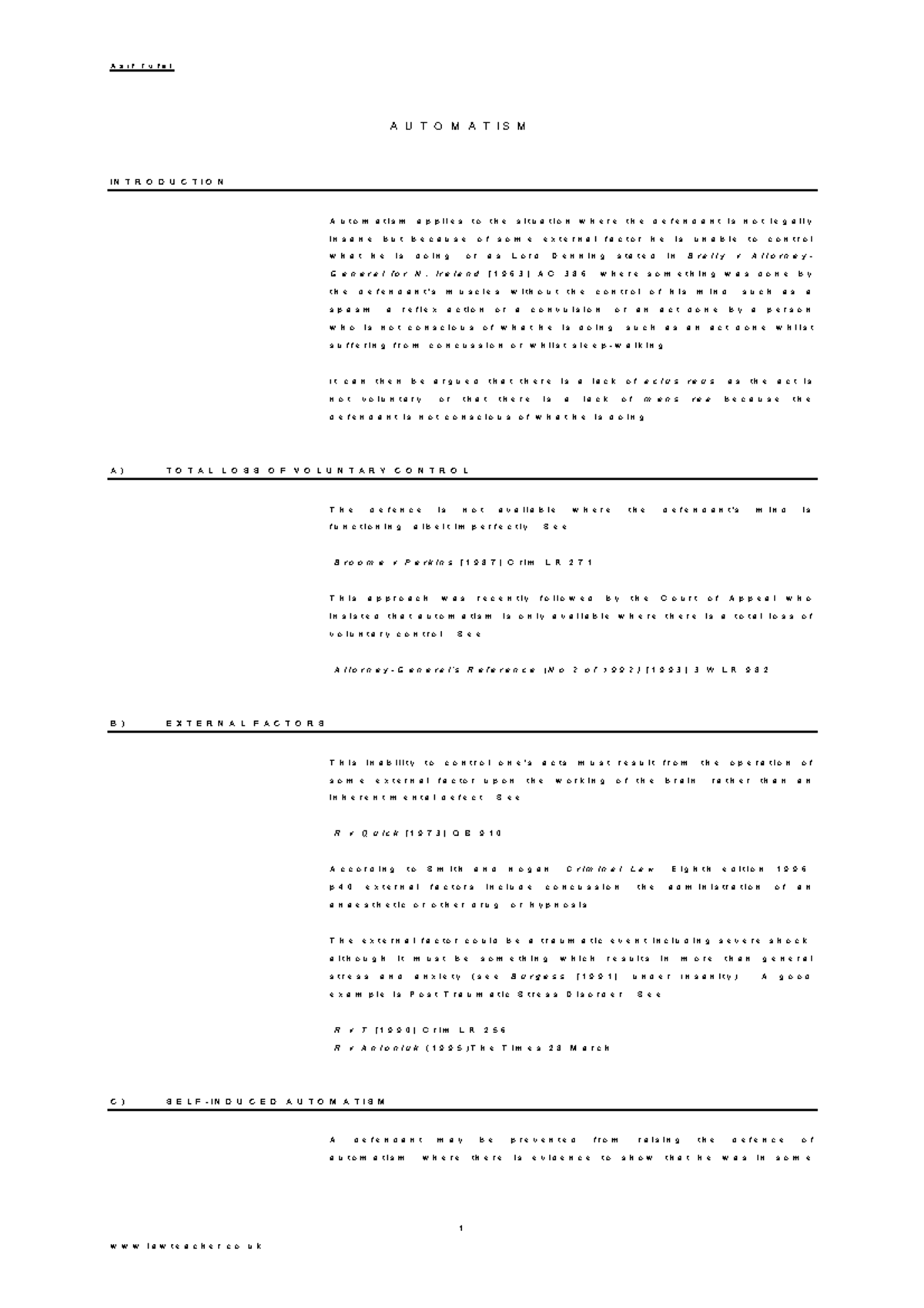Automatism Lecture: Understanding Legal Defenses in Criminal Law - Studocu