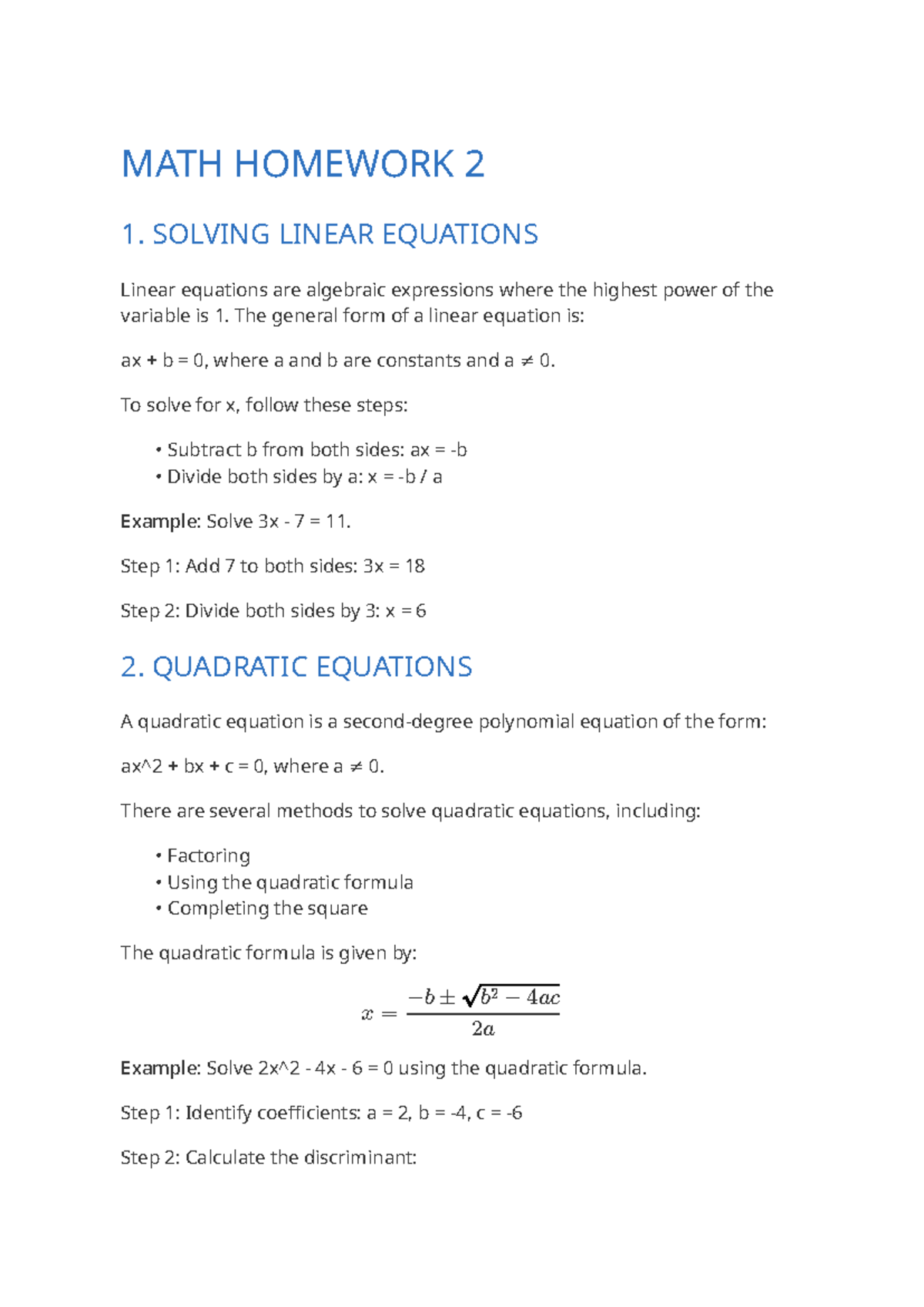 MATH 101: Homework 2 - Solving Linear & Quadratic Equations - Studocu