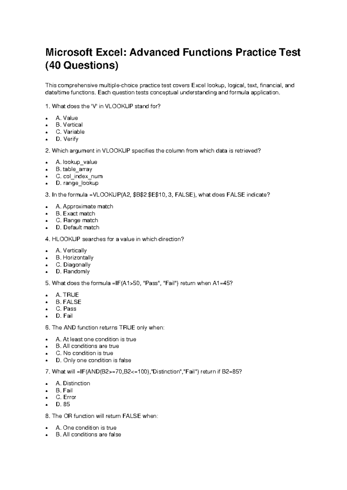 Excel 101: Advanced Functions Practice Test (40 Questions) - Studocu