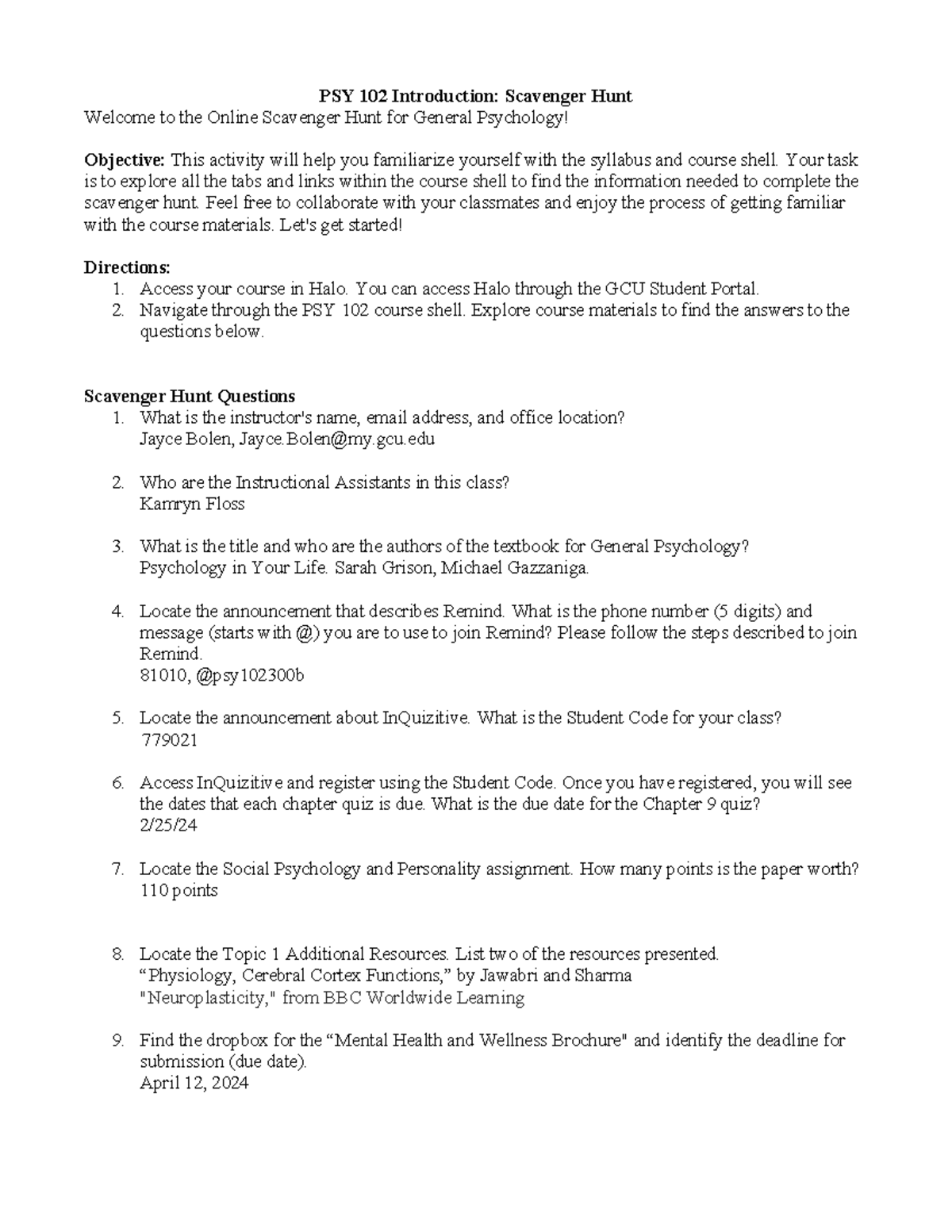 PSY102 Introductory Online Scavenger Hunt Activity Instructions - Studocu