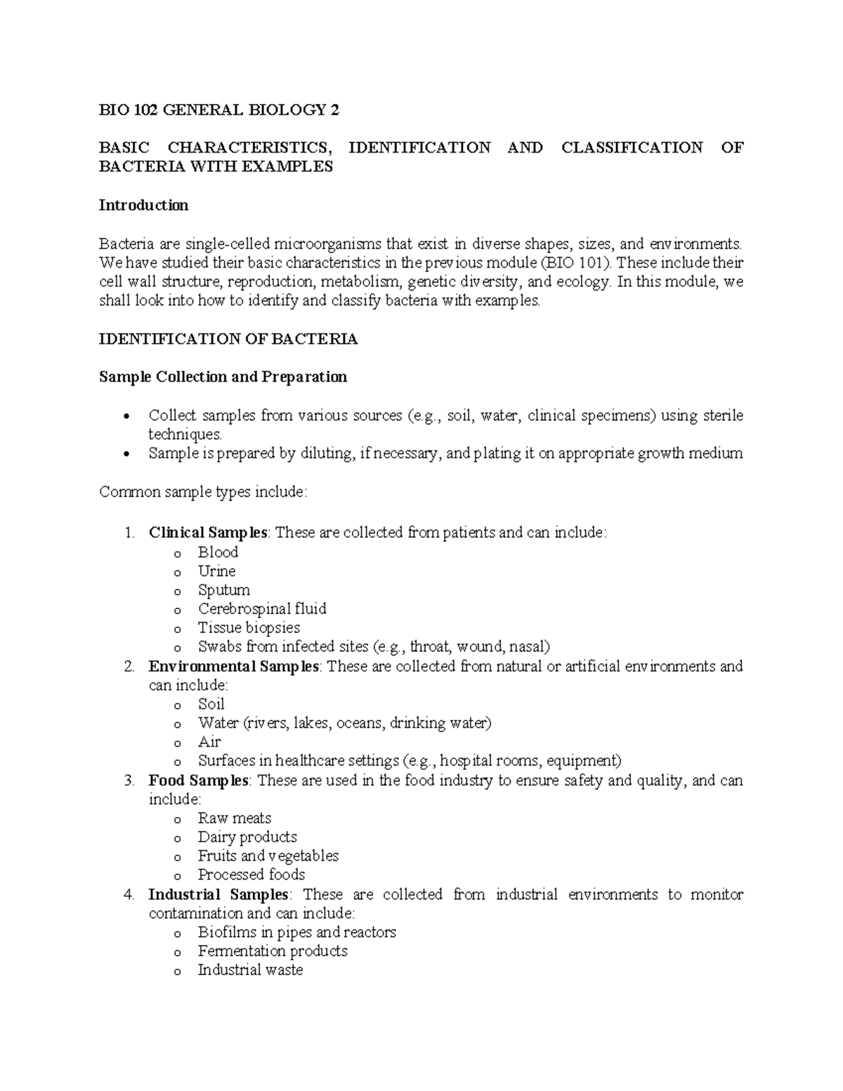 BIO 102 General Biology 2: Identifying and Classifying Bacteria - Studocu