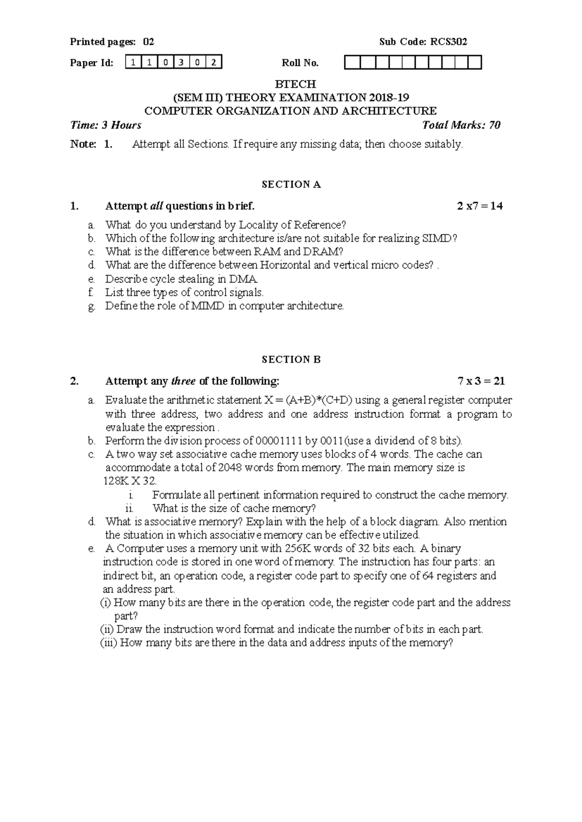 RCS302 BTECH Final Exam PYQ 2019: Computer Organization & Architecture ...