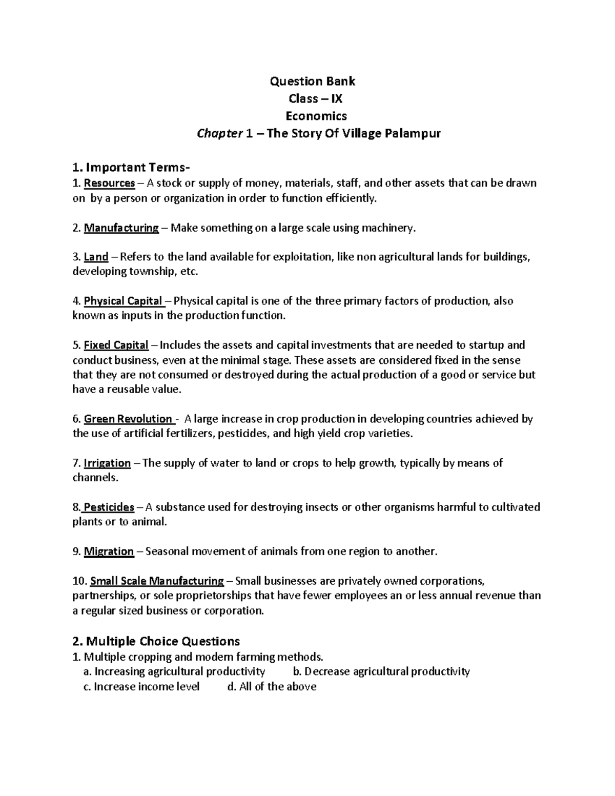 Economics Class IX: Chapter 1 - The Story of Village Palampur Notes ...
