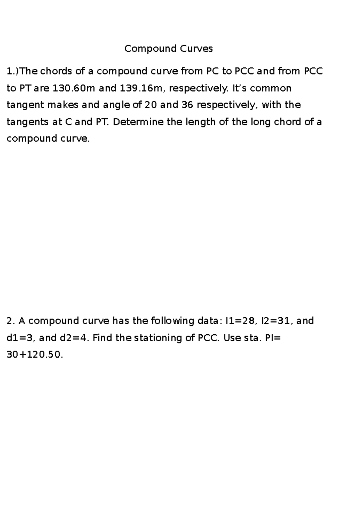 Compound Curves Analysis and Calculations for Engineering Design - Studocu
