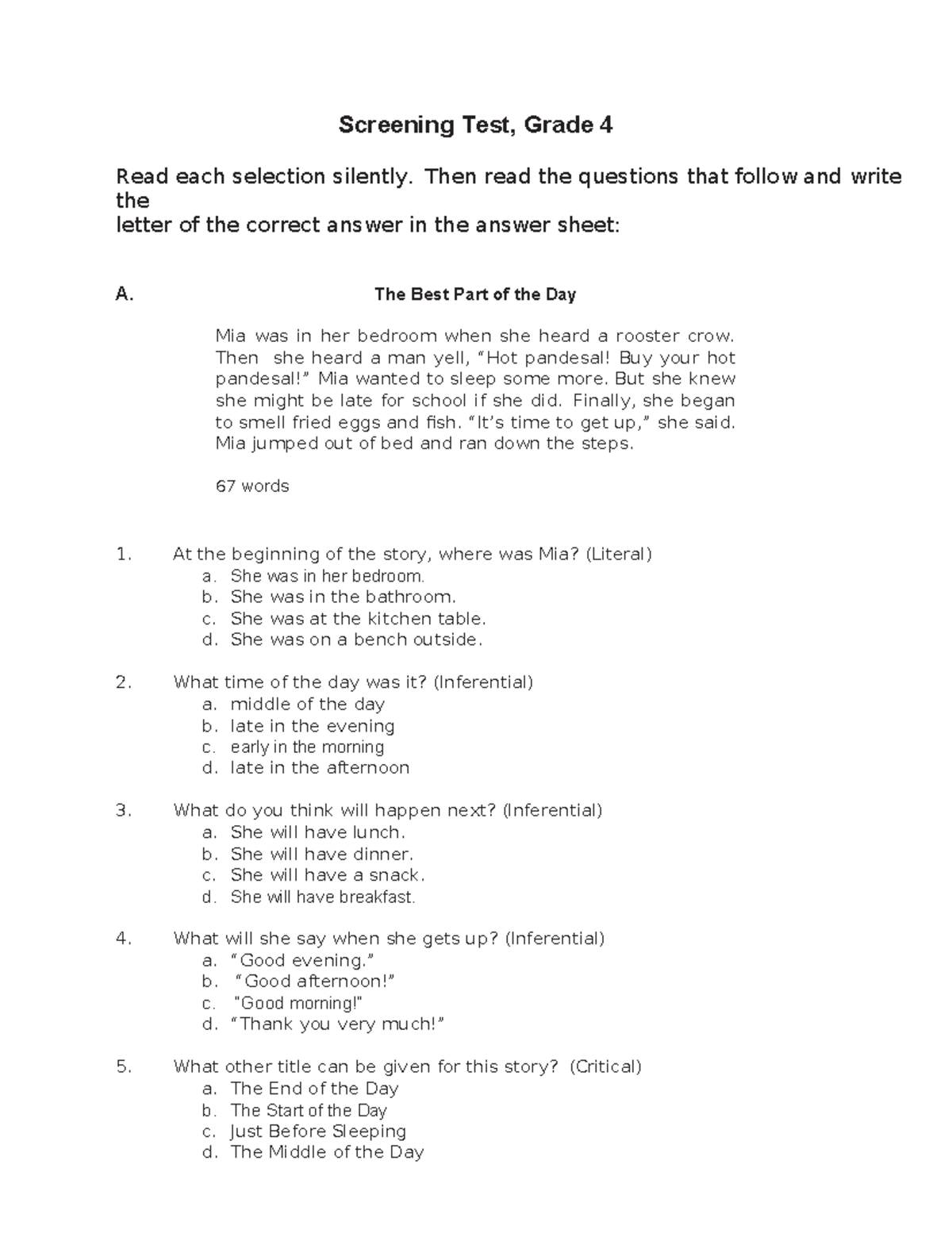 Grade 4 English Screening Test: Reading Comprehension Questions - Studocu