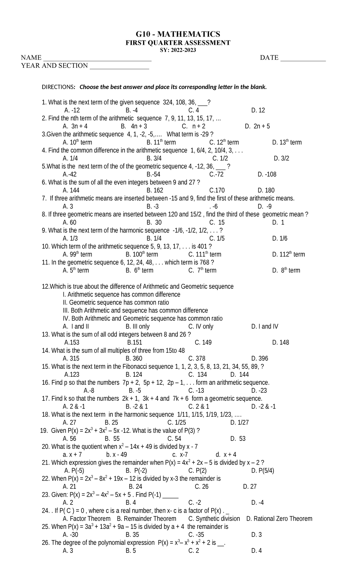 Q1 Math 10 Quarter Test - Grade 10 - G10 - MATHEMATICS FIRST QUARTER ...