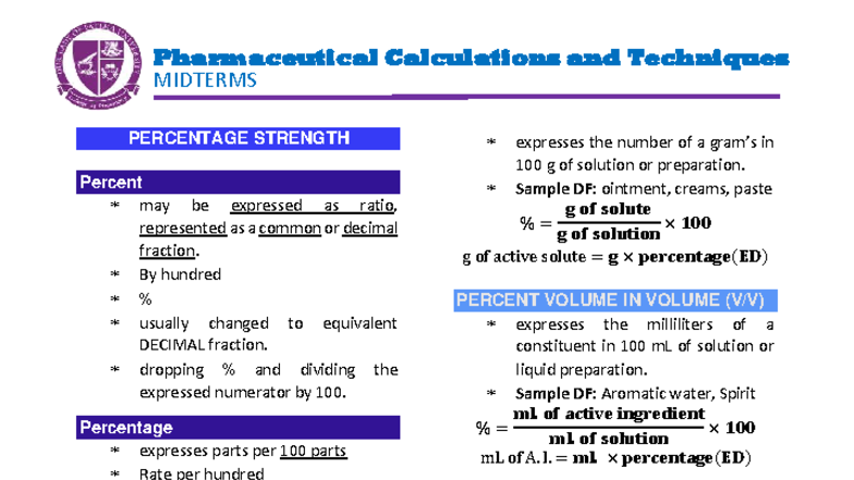 Pharmaceutical Calculations and Techniques PHCL MIDTERMS Study Notes ...