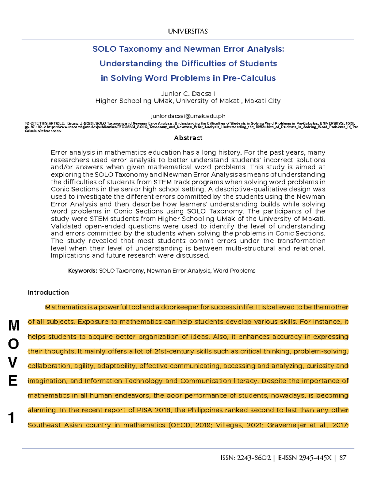 SOLO Taxonomy & Newman Error Analysis: Insights into Pre-Calc ...