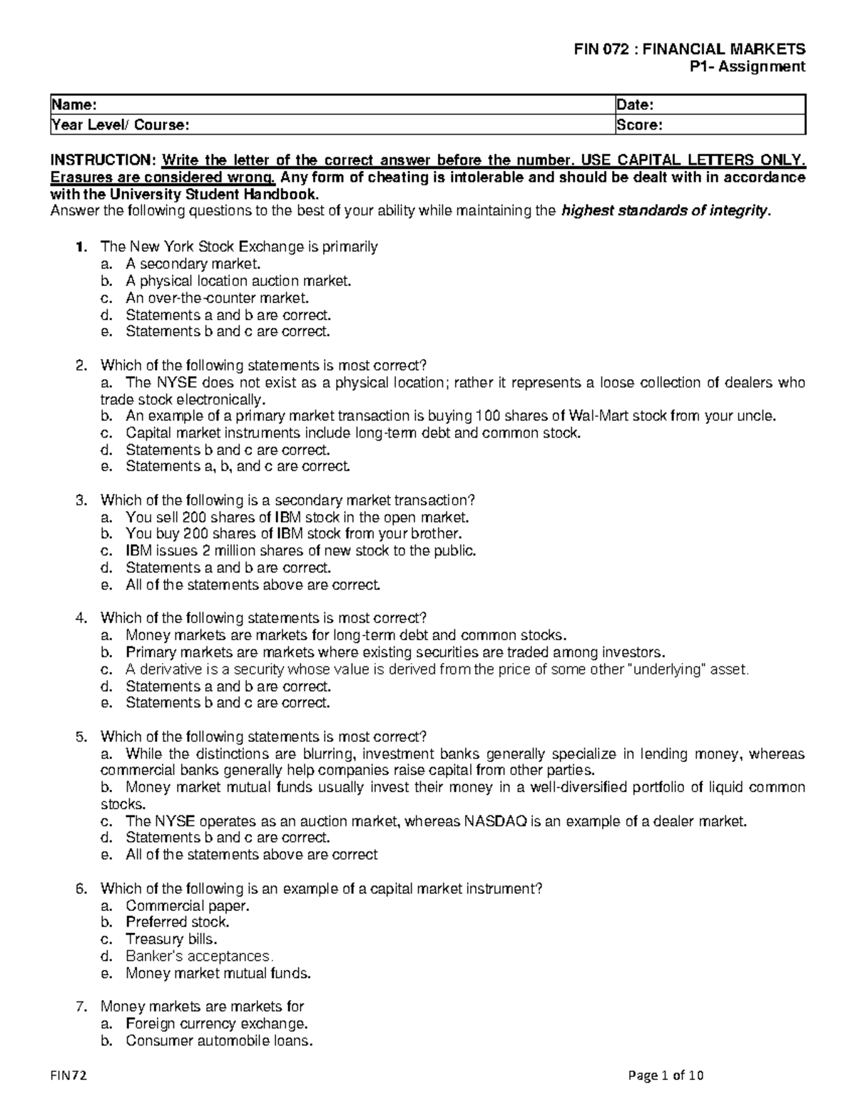 FIN 072: Financial Markets Practice Assignment Questions - Studocu