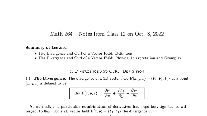 Math 264 Class 12 Notes: Divergence and Curl of Vector Fields - Studocu