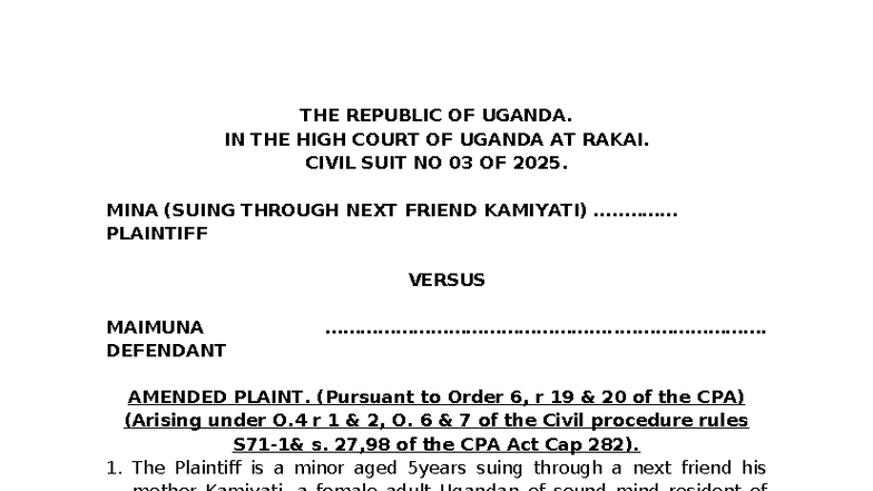 Civil Suit No. 03 of 2025: Amended Plaint - Mina vs. Maimuna - Studocu