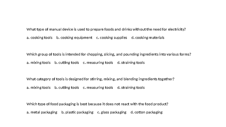 Pre-Test - TLE 101: Food Preparation & Appetizers - Studocu
