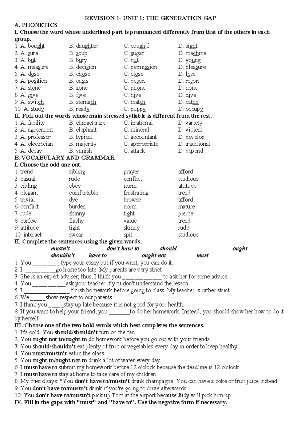 Revision 1: The Generation Gap - Phonetics & Vocabulary (ENG101) - Studocu