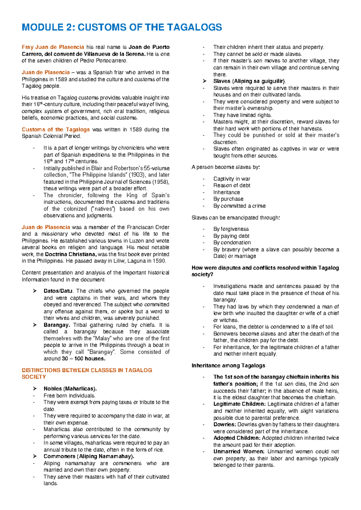 MODULE 2: LECTURE NOTES ON TAGALOG CUSTOMS AND CULTURE - Studocu