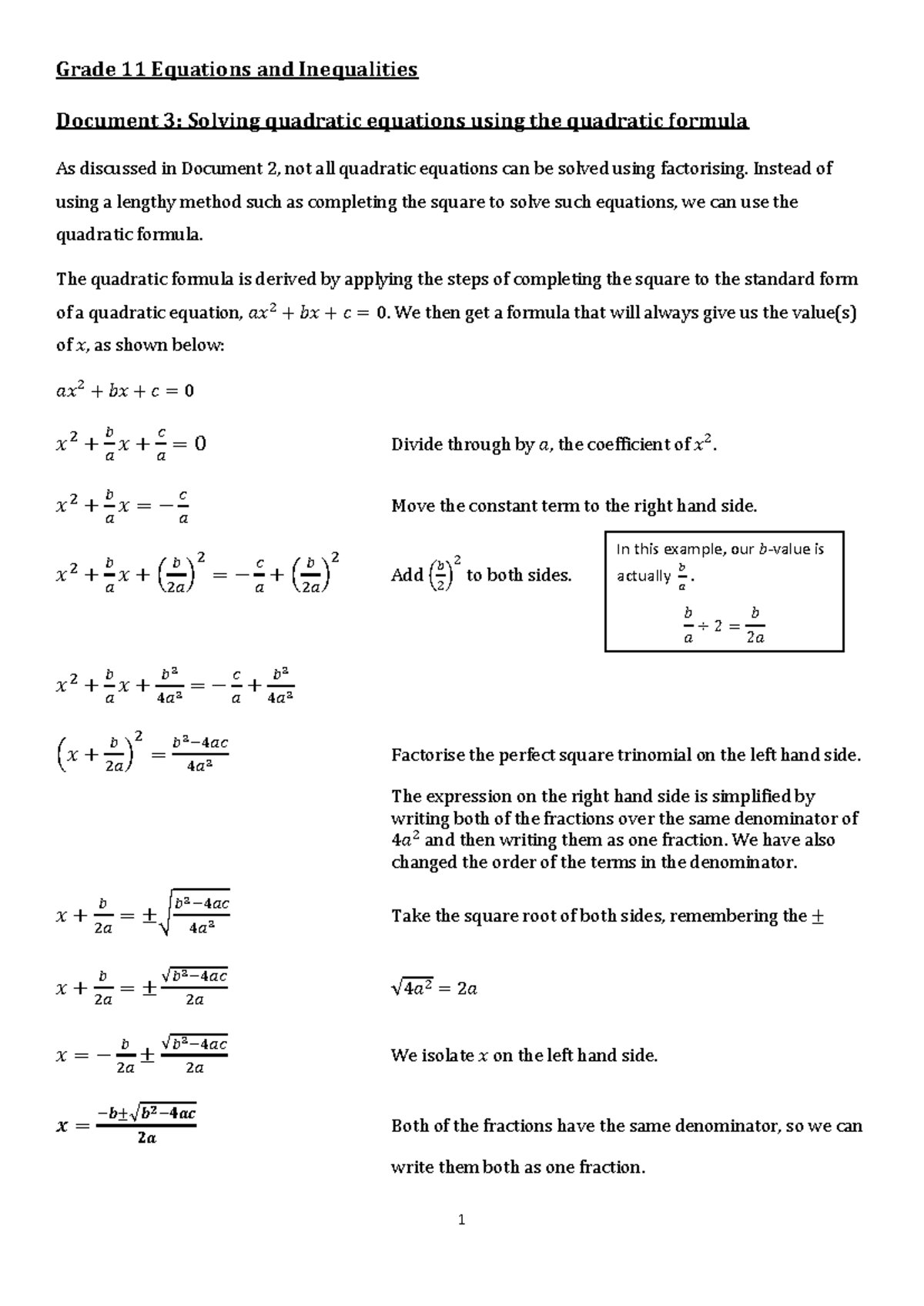 Grade 11 Math: Document 3 - Solving Quadratic Equations with Formula ...