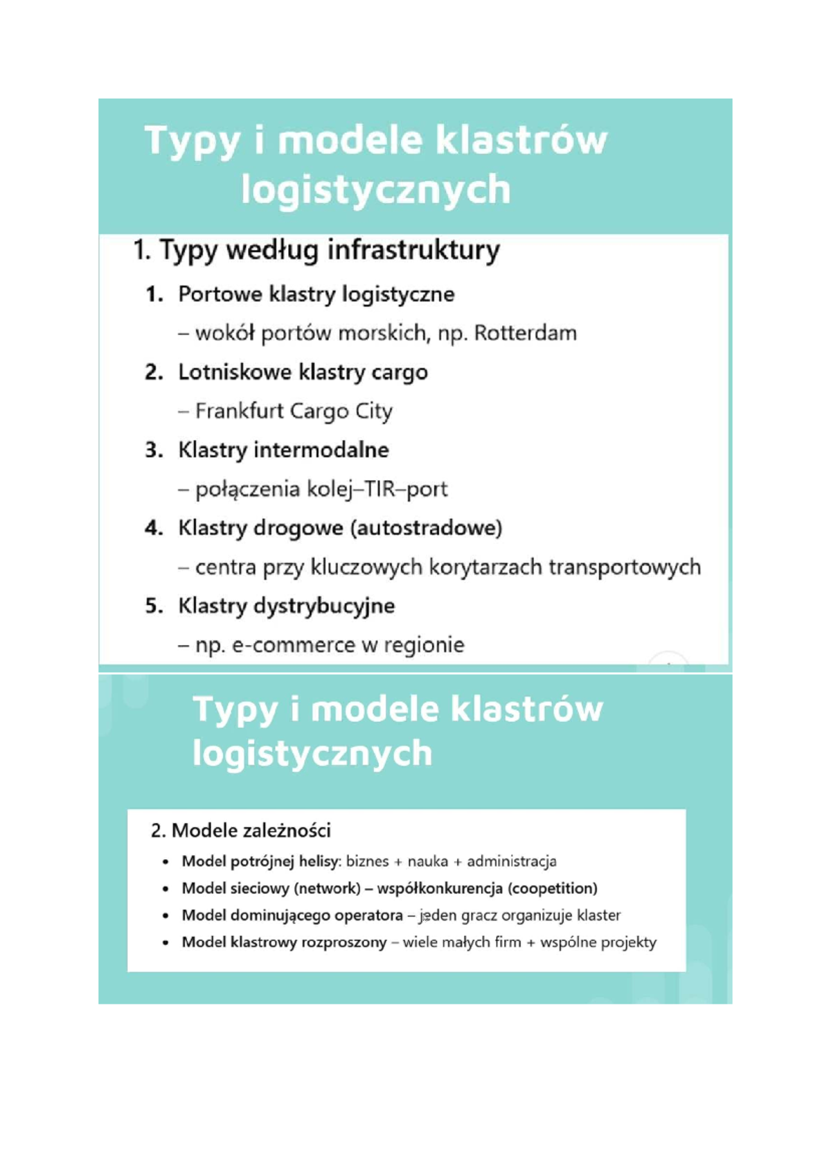 Typy i modele klastrów logistycznych - Dtypy klastrów log - 0123 - Studocu