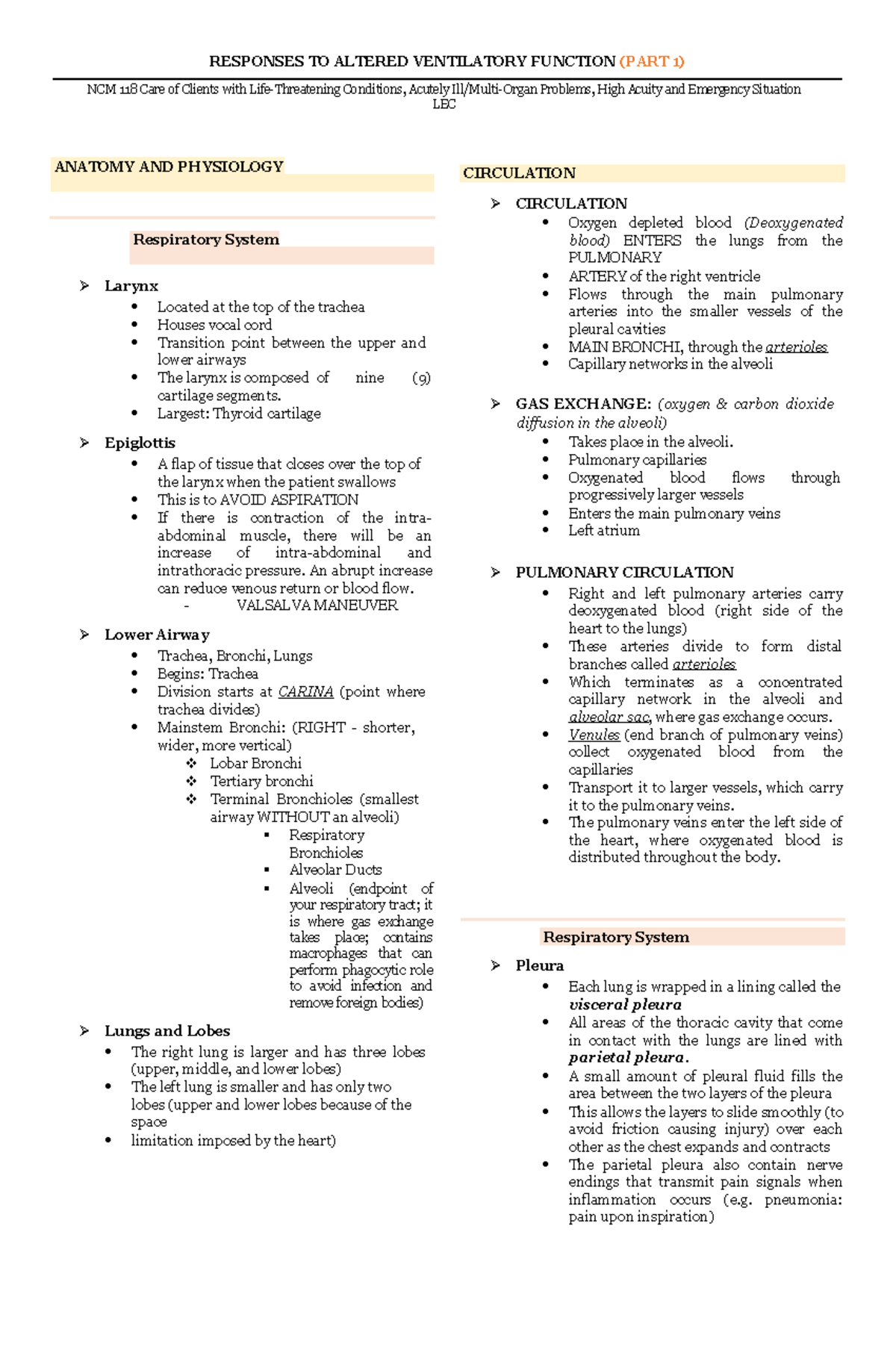 NCM 118 LEC: Alterations in Ventilation and Respiratory Function - Studocu