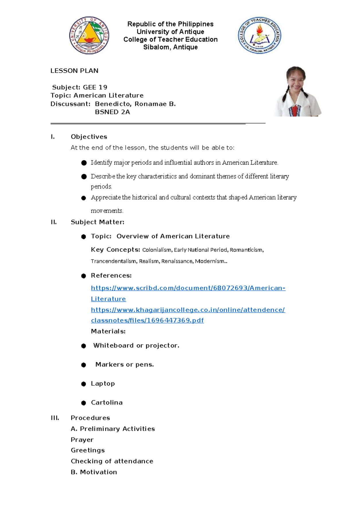 GEE 19 Lesson Plan: Overview of American Literature by Benedicto - Studocu