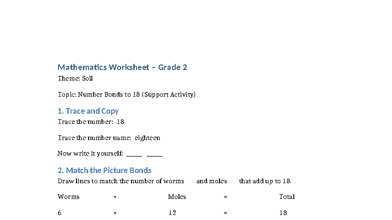 Grade 2 Math Worksheet: Number Bonds to 18 Activity - Studocu