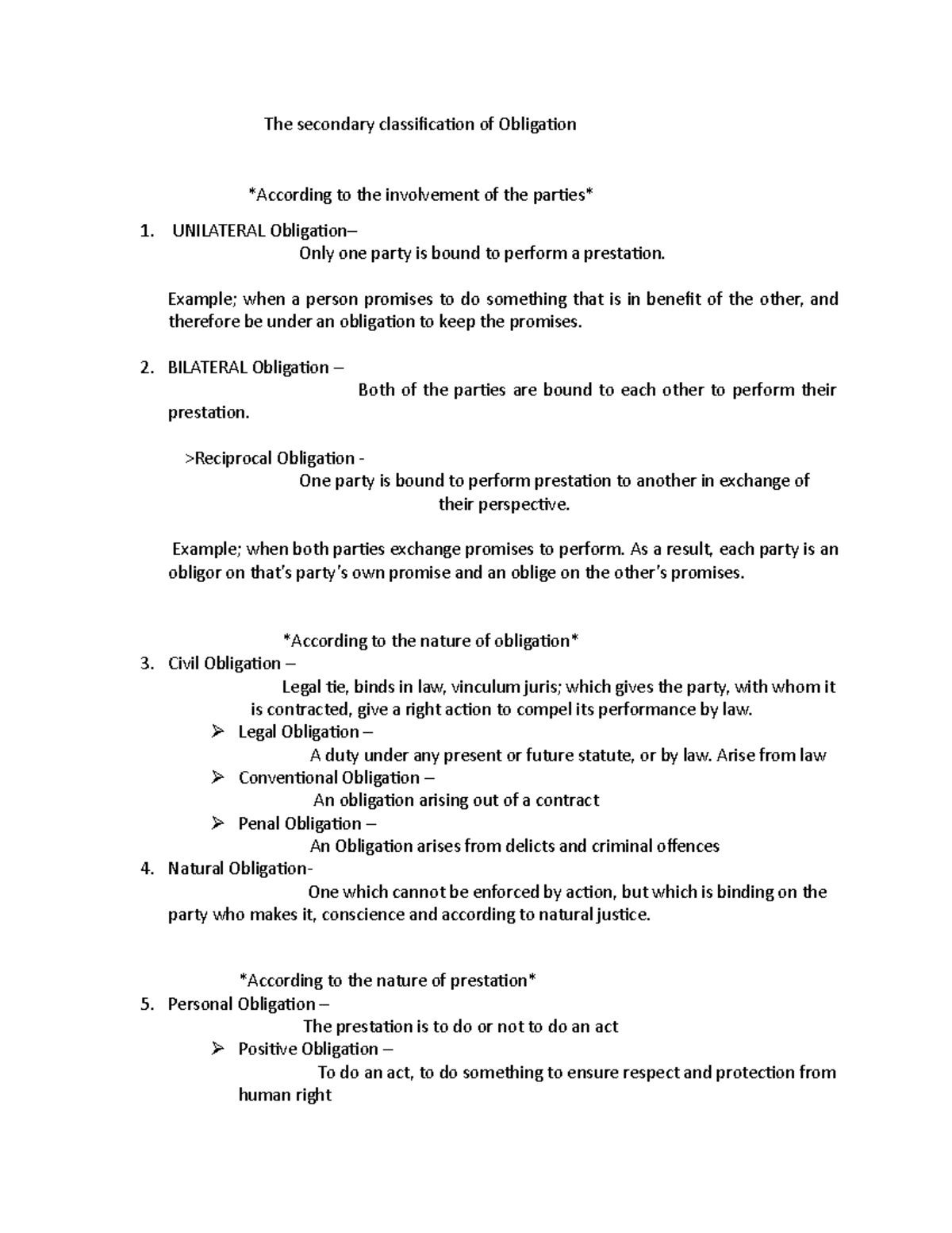 The secondary classification of Obligation in Obligation and Contract ...