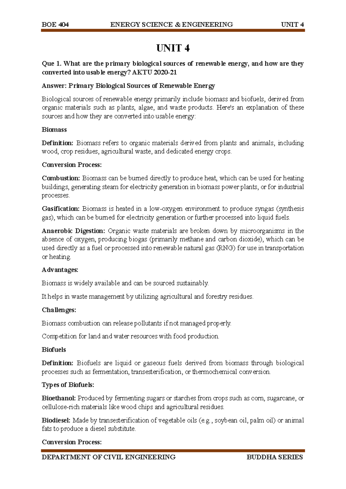 BOE 404 ENERGY SCIENCE ENGINEERING UNIT 4: Renewable Energy Sources and ...