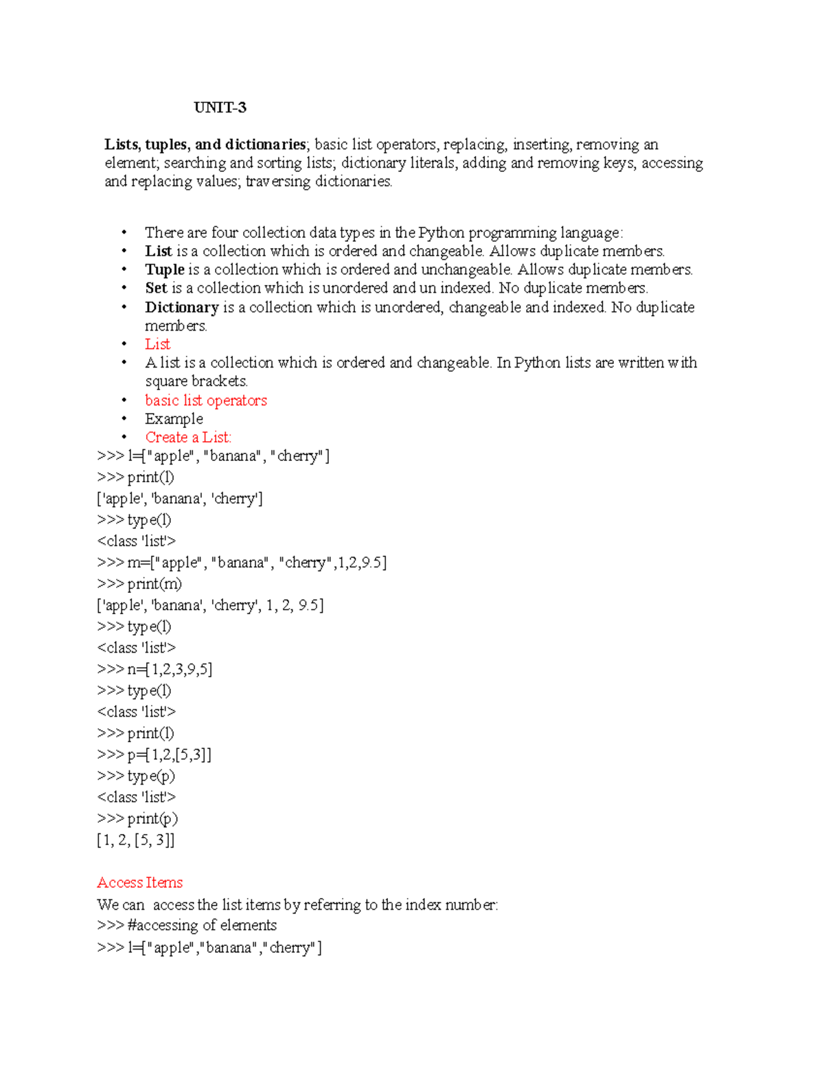 Python Programming - UNIT-III: Lists, Tuples, Dictionaries Overview - Studocu