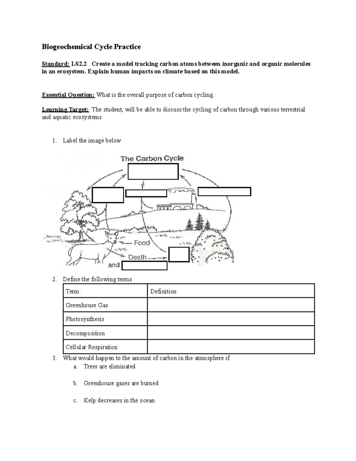 LS2.2 Carbon Cycle Practice: Understanding Human Impacts and Ecosystems ...