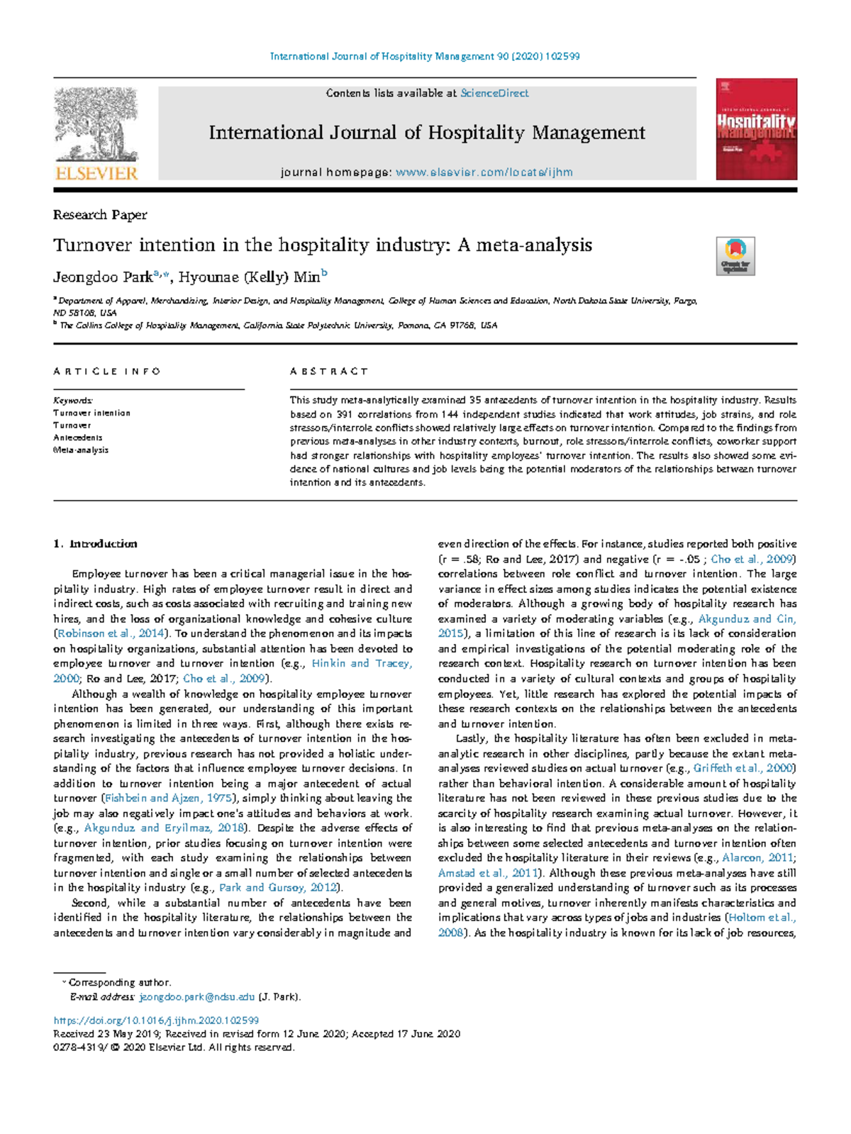 Turnover Intention in Hospitality: Antecedents and Moderators (HOSP ...