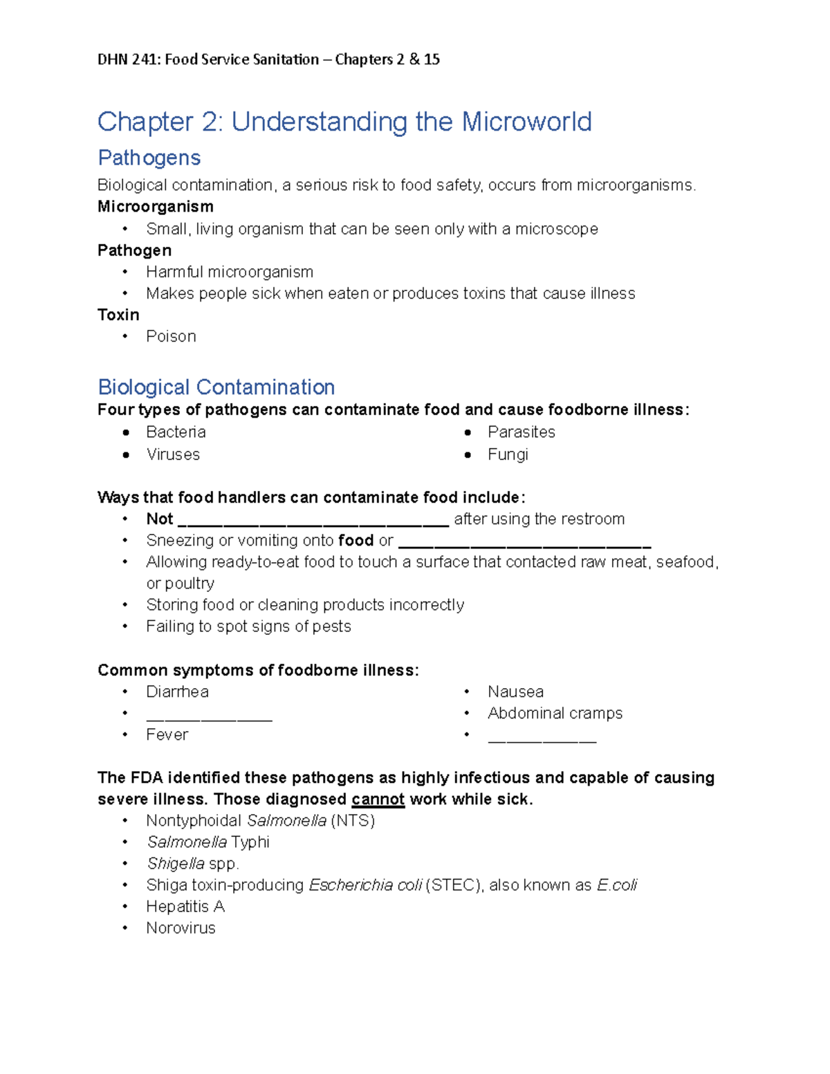 DHN 241: Food Service Sanitation Summary of Chapters 2 & 15 - Studocu