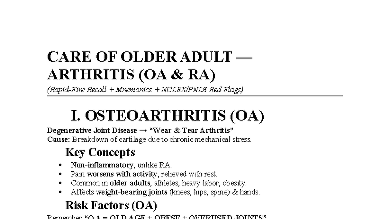 Arthritis Elder CARE: OA & RA Management Strategies and Mnemonics - Studocu