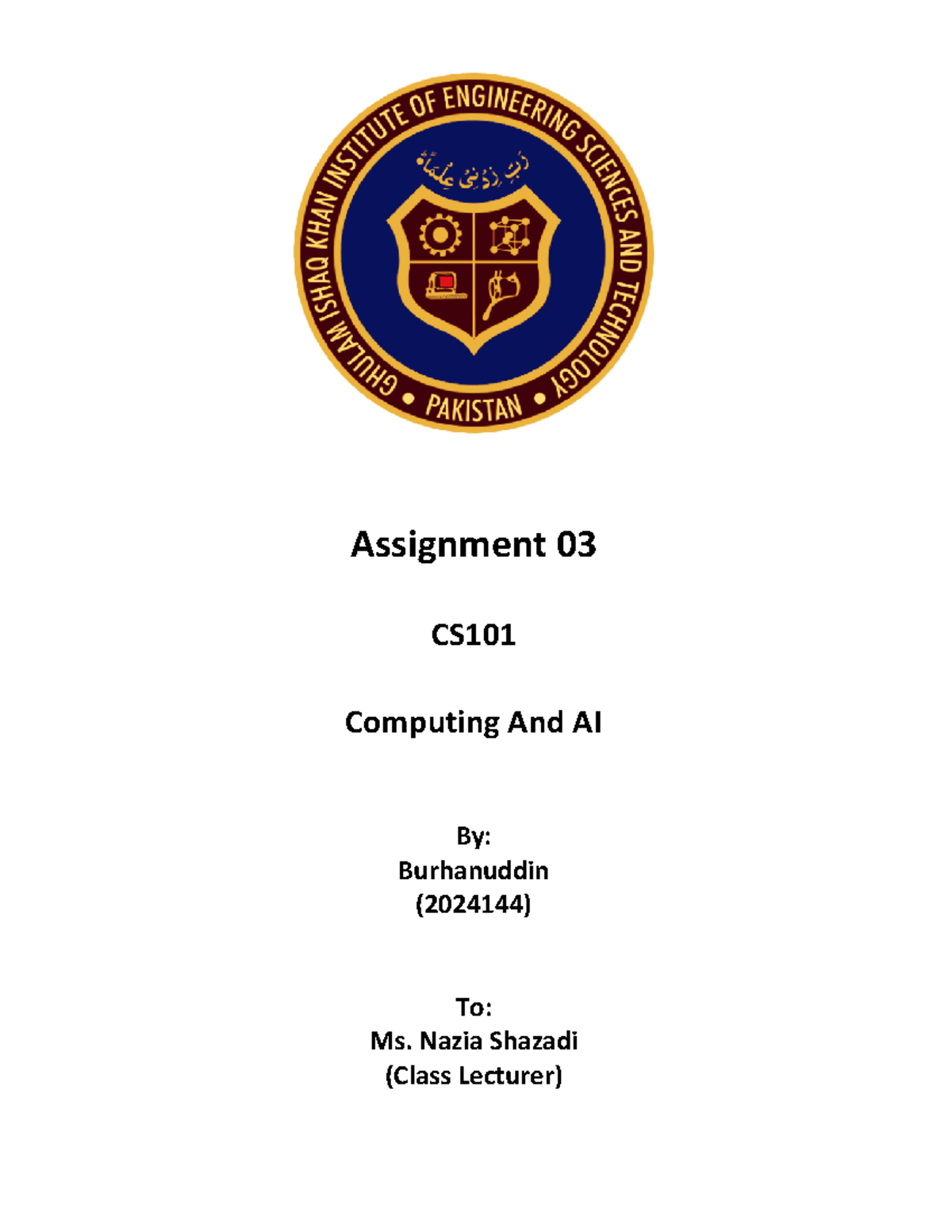 CS101-Functions - Assignment 03 CS Computing And AI By: Burhanuddin ...