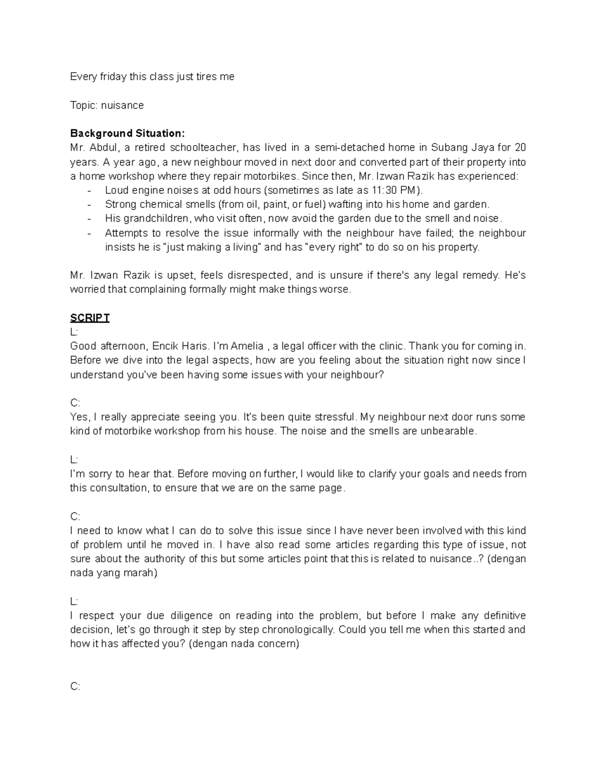 EFL 101: Nuisance Issues in Neighbourhoods - Roleplay Script - Studocu