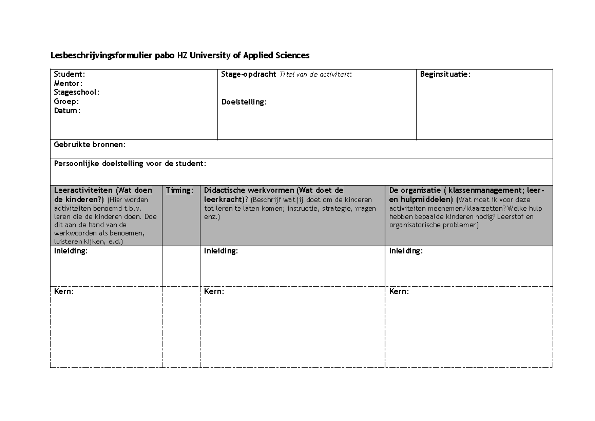 Lesbeschrijvingsformulier pabo HZ - Stage Activiteiten en ...