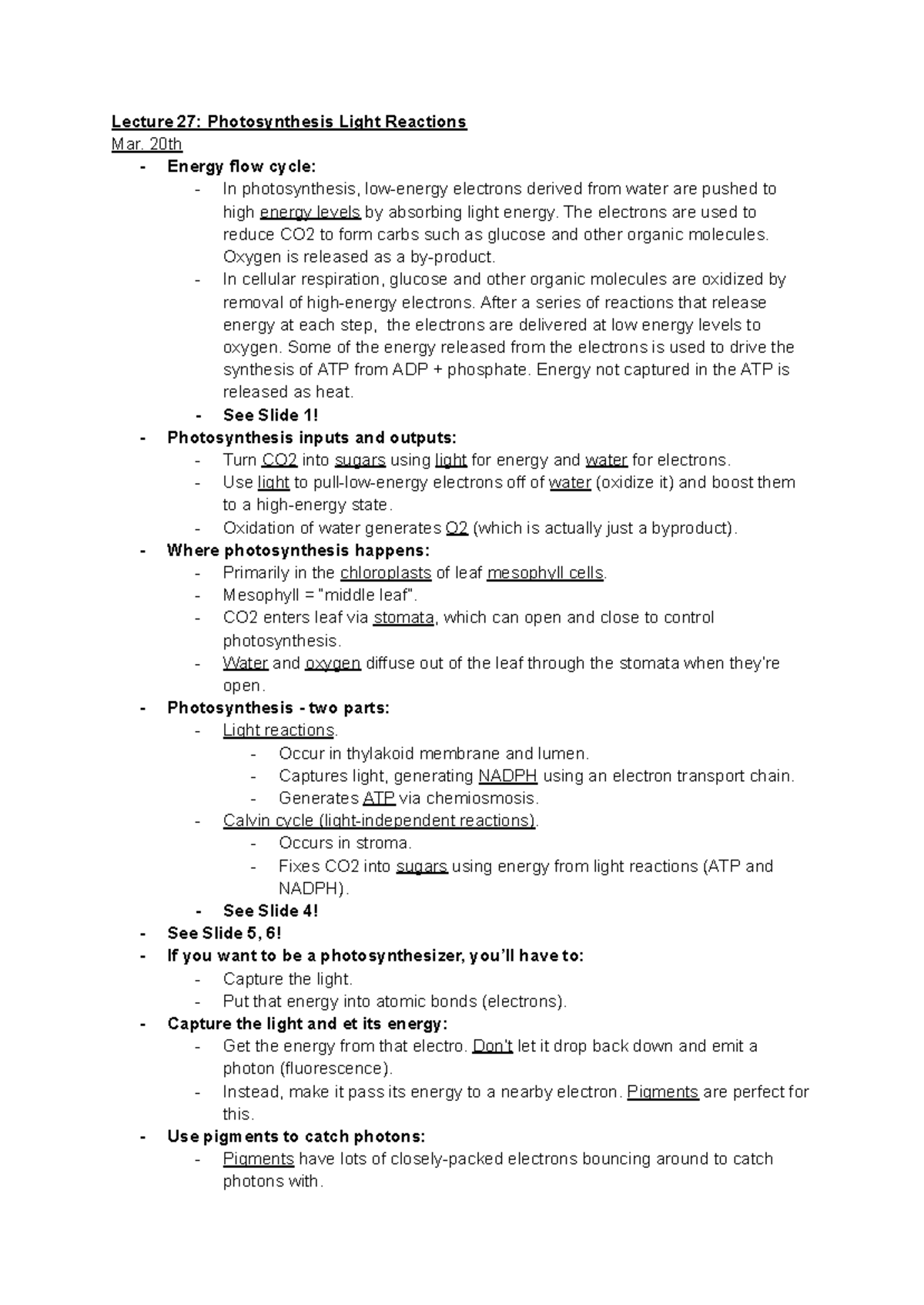 BIOL120 Lecture 27: Photosynthesis Light Reactions Overview - Studocu