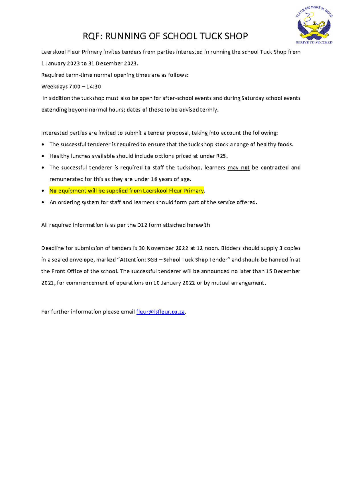 Tender Invitation for Running School Tuck Shop - Laerskool Fleur - Studocu