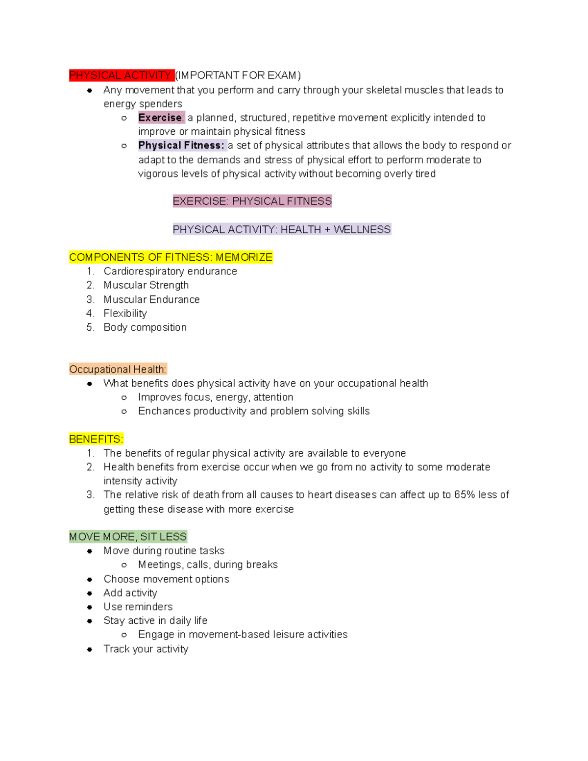 Physical Activity and Health: Key Components for Exam (PHYSICAL ...