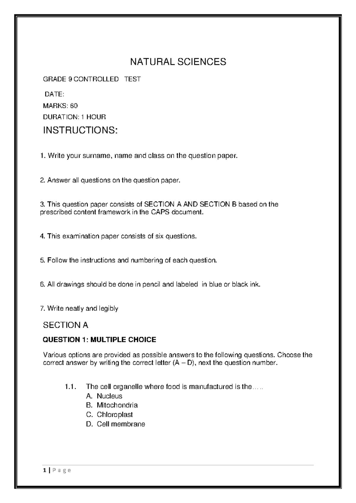 Grade 9 NATURAL SCIENCES Controlled Test A - Revision Material - Studocu