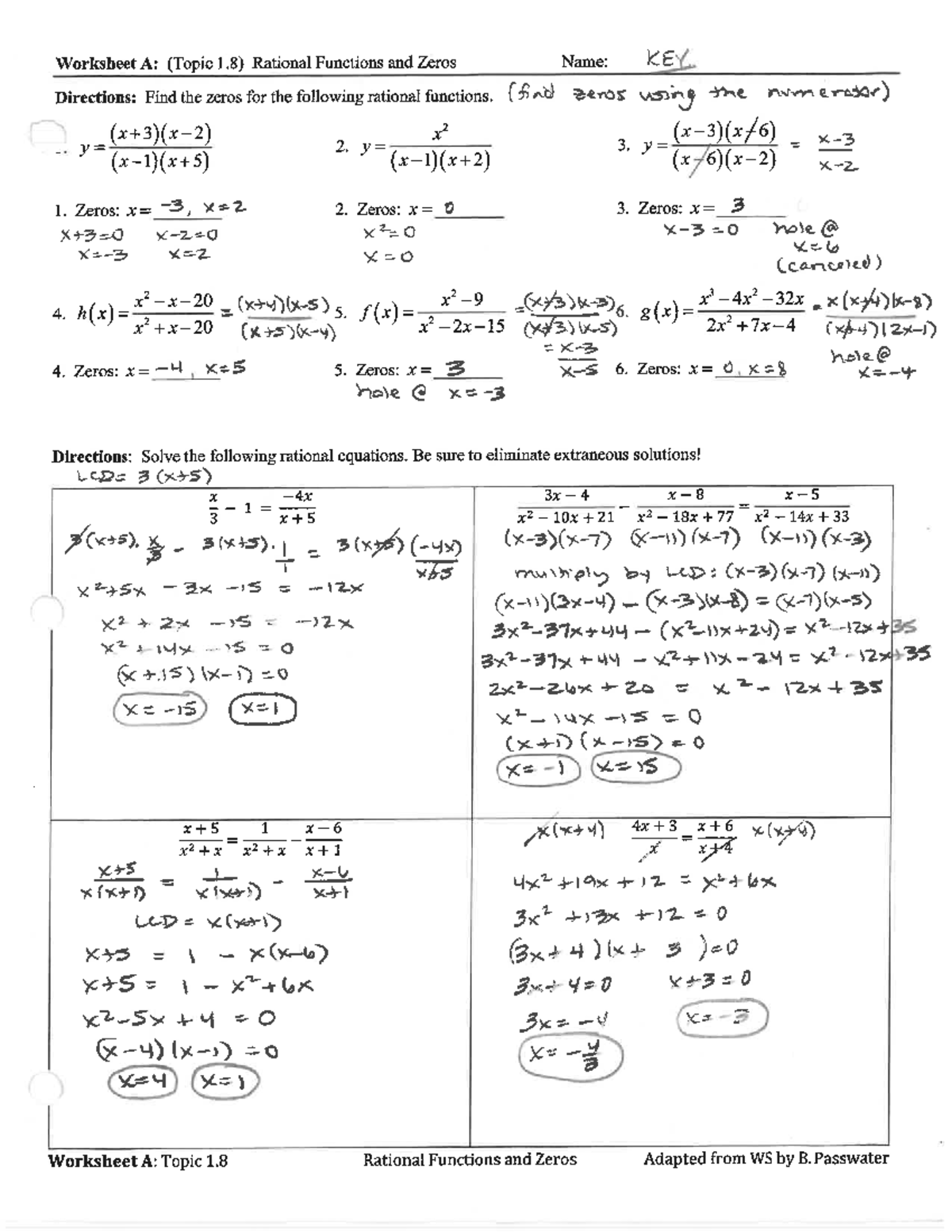Worksheet A: (1.8) Rational Functions & Zeros - Answer Key - Studocu