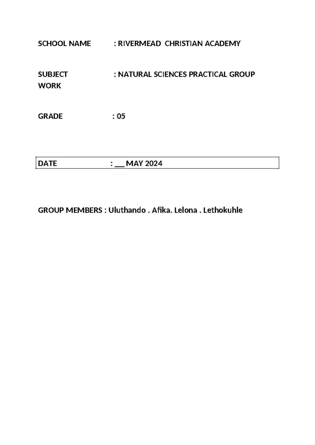 Natural Sciences Practical Task For Grade 05 Group Investigation