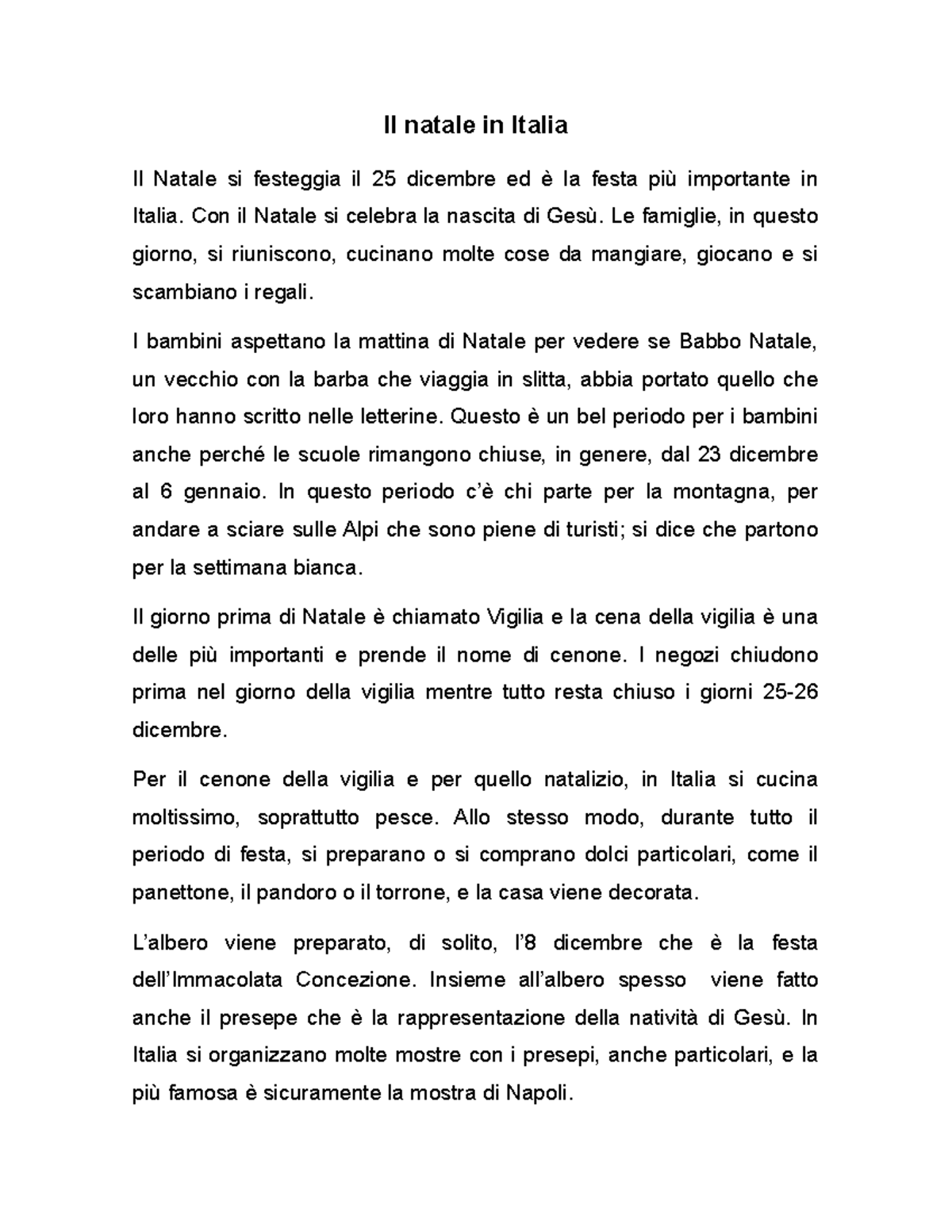 Lettura Italiano -Il natale in Italia - Il natale in Italia Il Natale ...