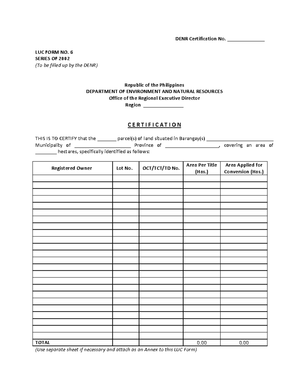 DENR Certification LUC Form No. 6 Series of 2002 - Land Use Conversion ...