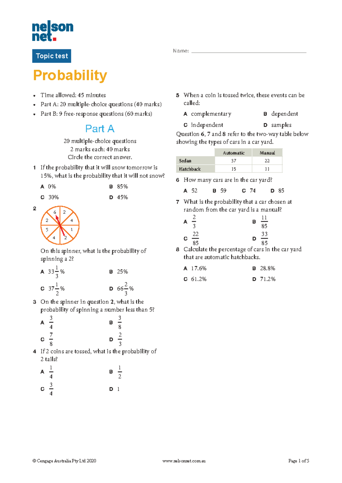 Nelson MAT10SPTT10010 Probability Test: Topic Test Questions and ...