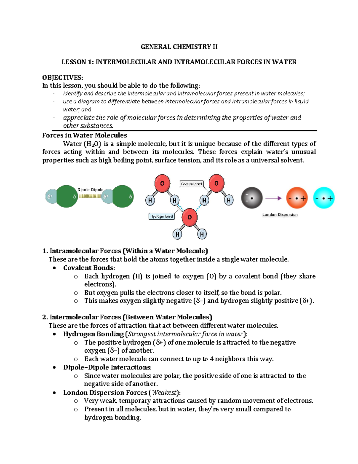 GENERAL CHEMISTRY II LESSON 1: FORCES IN WATER AND THEIR PROPERTIES ...