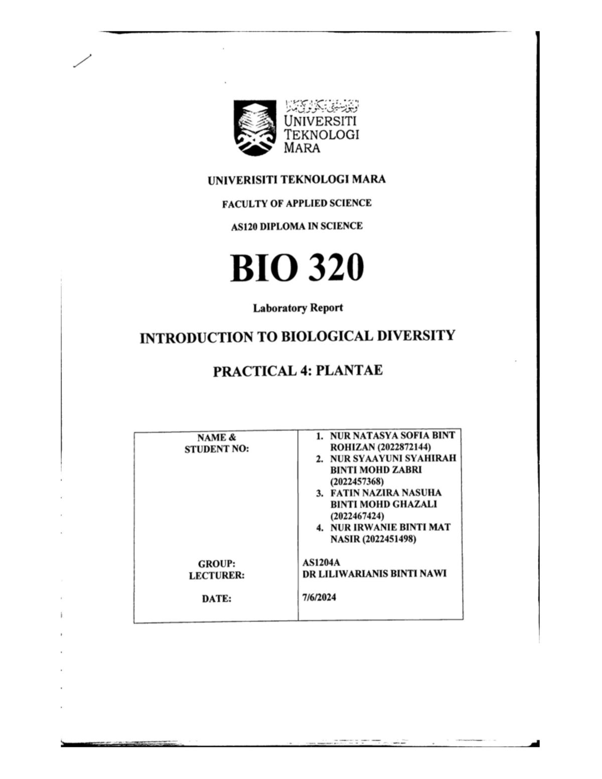 BIO 320 exp 4 5 part 1 - fytrddythvjhkj - UNIVERSITI TEKNOLOGI MARA ...
