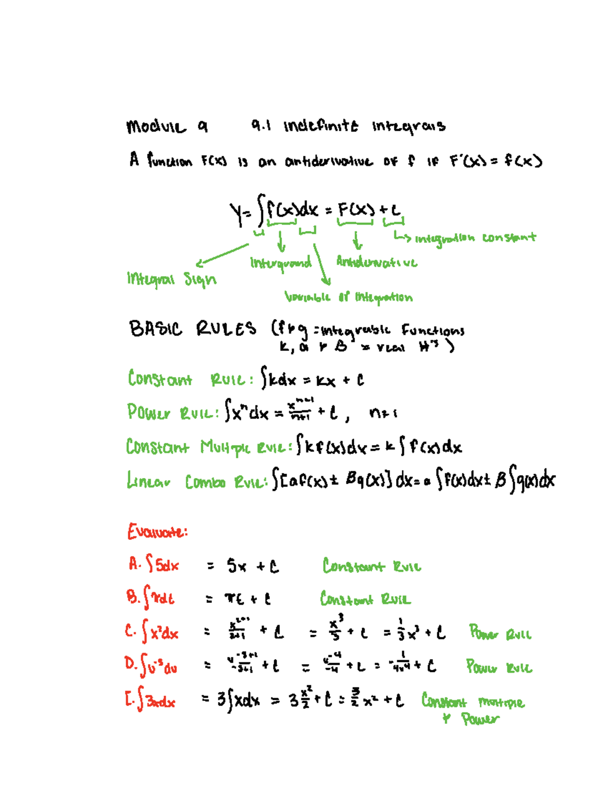 Calculus I - Final Exam Notes for Module 9: Indefinite Integrals - Studocu